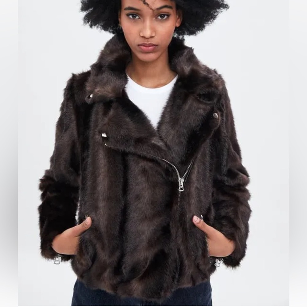 Zara Faux Fur Moto Jacket Brown - Gem